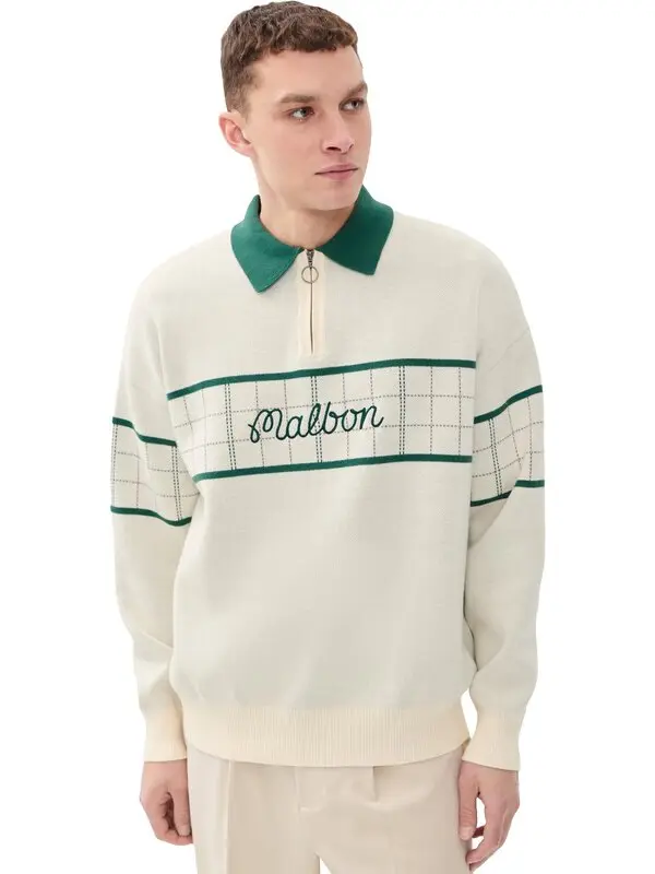 MALBON Bennett Plaid Quarter Zip Sweater - Heather Ivory