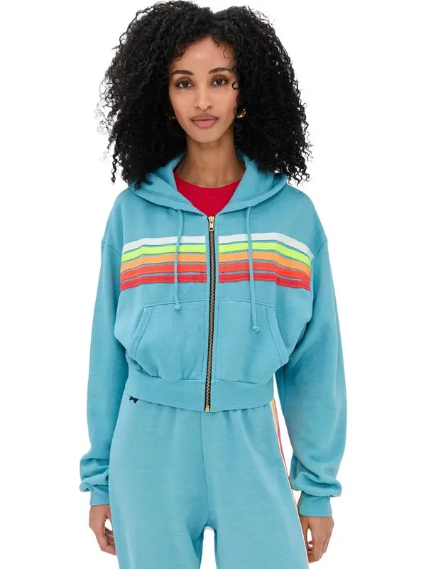 Aviator Nation 5 Stripe Cropped Zip Hoodie - Aquamarine/white Neon