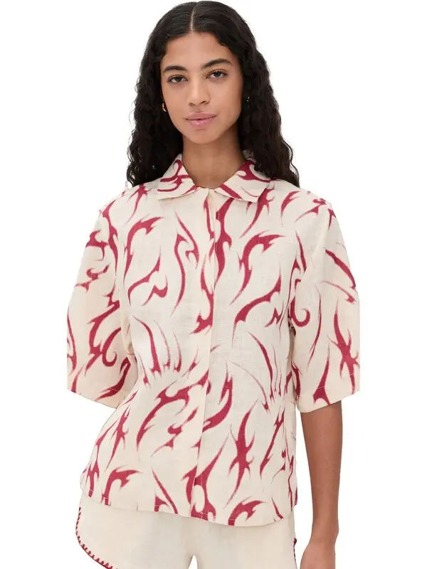 Oas Linen Collared Printed Shirt - Red