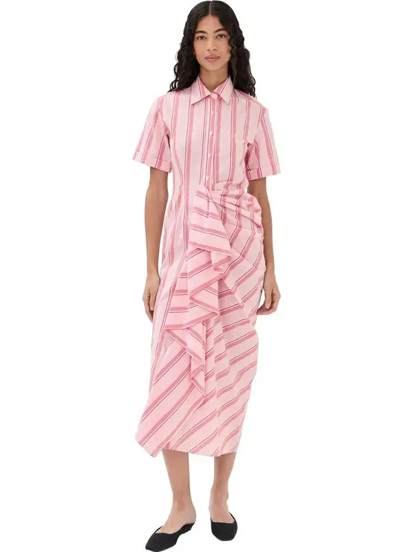 Rosie Assoulin Gathered Ruffle Shirt Dress - Red Stripe