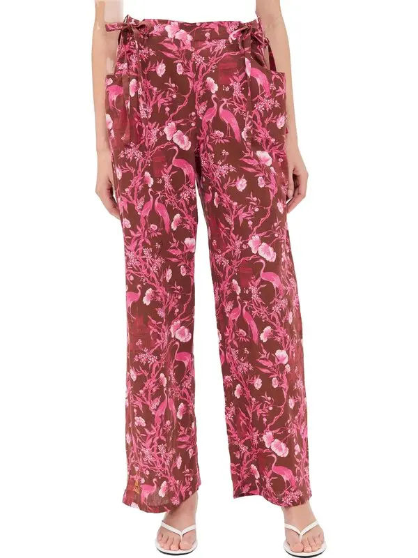 CONIGLIO PALM BEACH Floral And Crane Print Snap Pants - Cranes Pink Teakwood