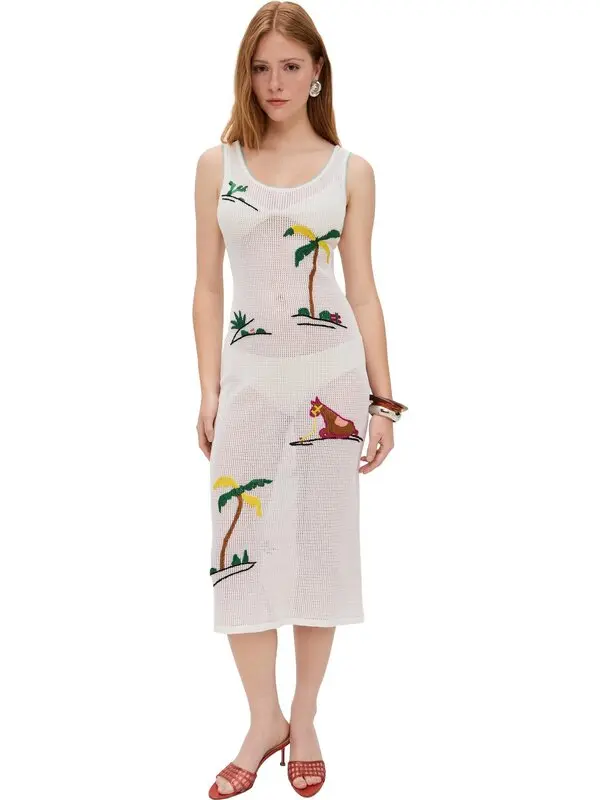 Staud Luma Embroidered Midi Dress - Riviera Ivory