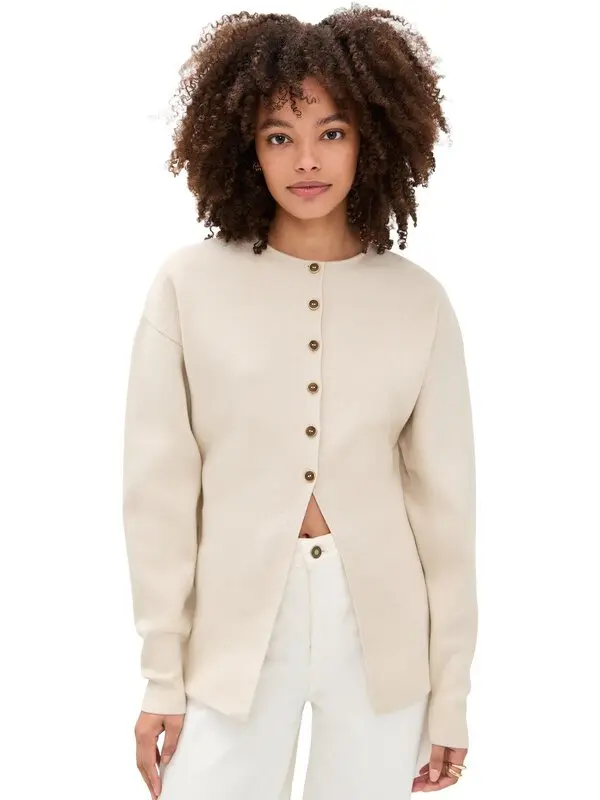 Good American Exaggerated Sleeve Cardigan Sweater - Light Taupe