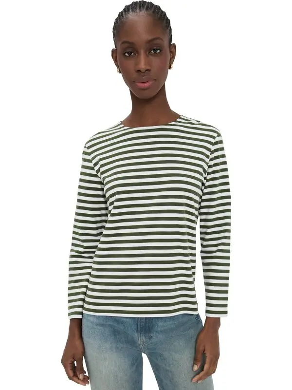 Denimist Long Sleeve Boat Neck T-shirt - Olive Green Ecru Stripe