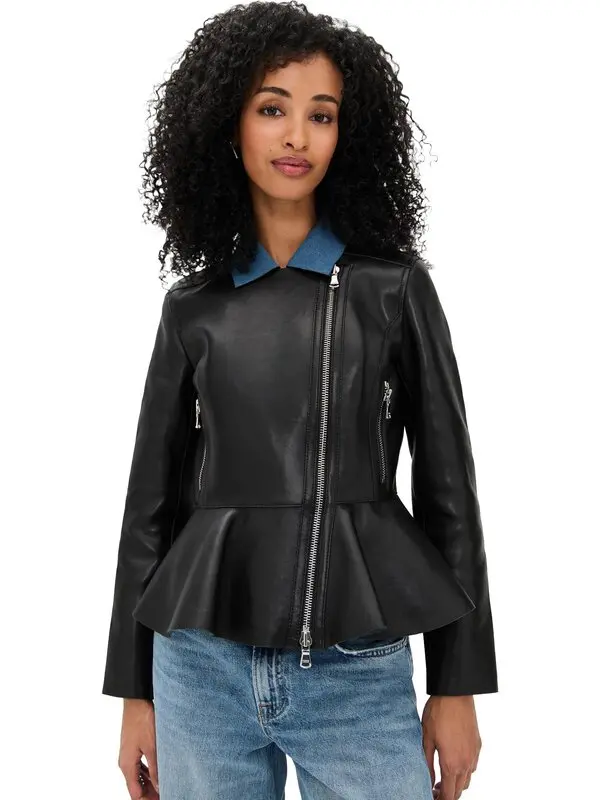 L'Agence Lyric Peplum Biker Jacket - Black/denim Blue