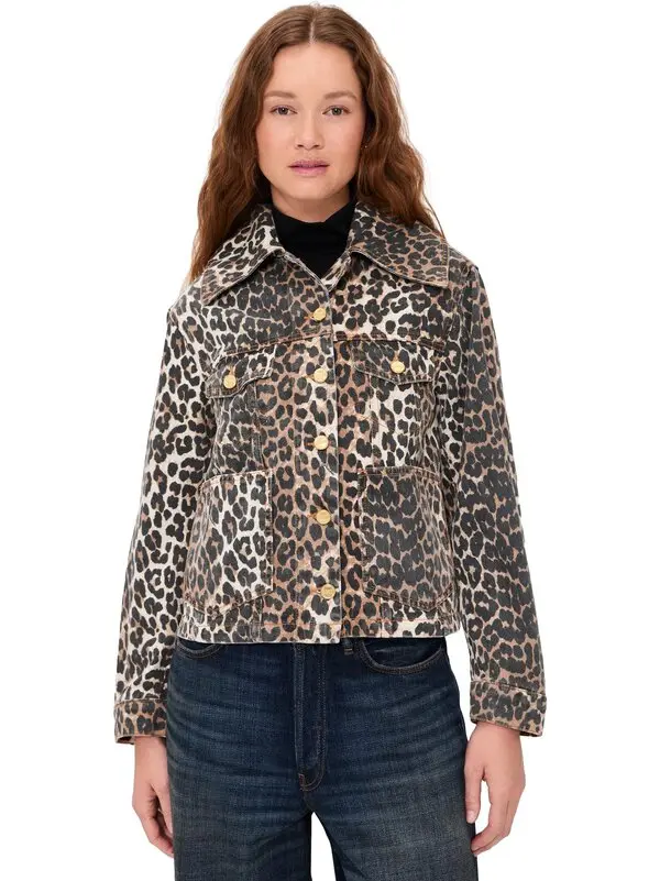 GANNI Leopard Print Denim Trucker Jacket - Almond Milk