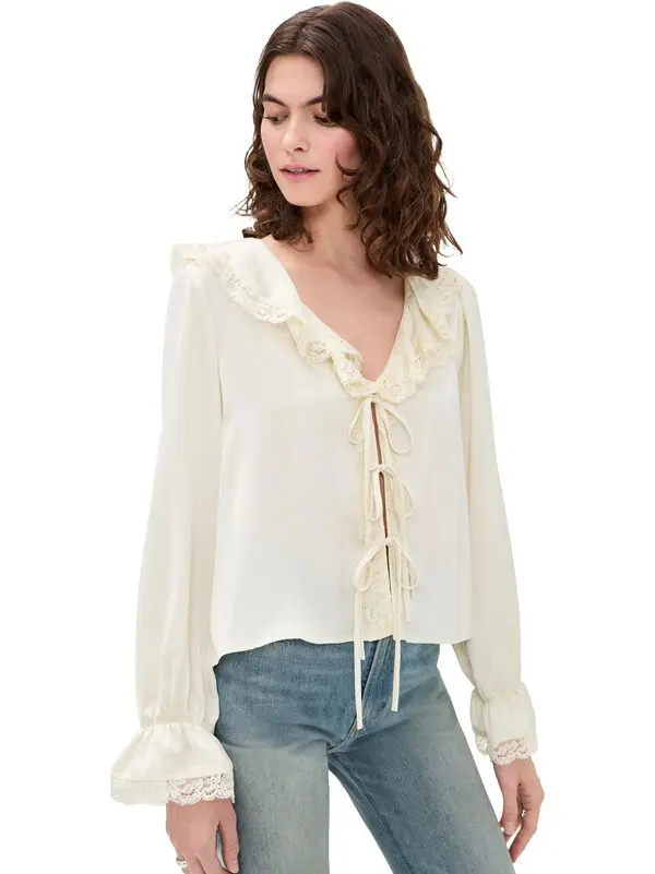WAYF Lacey Tie Front Top - Cream