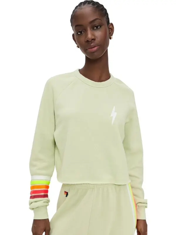 Aviator Nation Bolt Rugby Stitch Cropped Crew Sweatshirt - Lime Cream/white Neon
