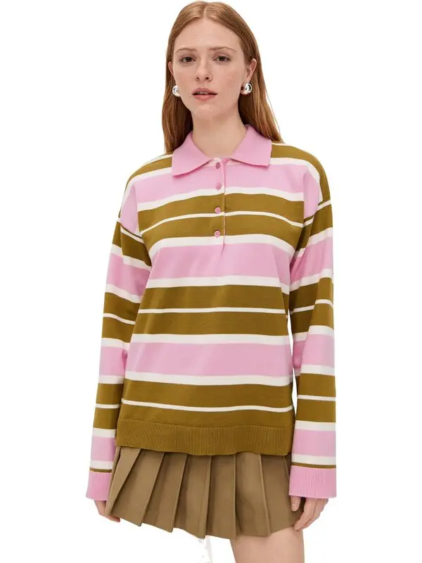 English Factory Striped Polo Knit Shirt - Pistachio/pink