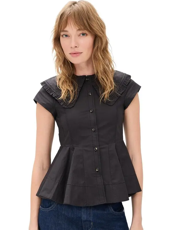 GANNI Stretch Cotton Peter Pan Collar Shirt - Black