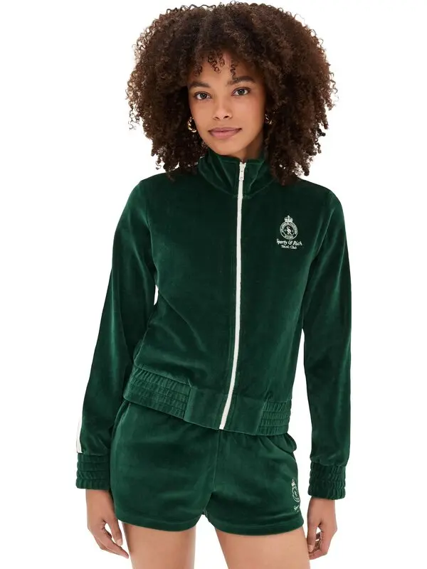 SPORTY & RICH Crown Tennis Elio Velour Track Jacket - Forest/ecru