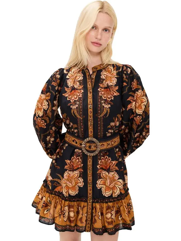 Farm Rio Floral Print Mini Dress - Majestic Garden Black