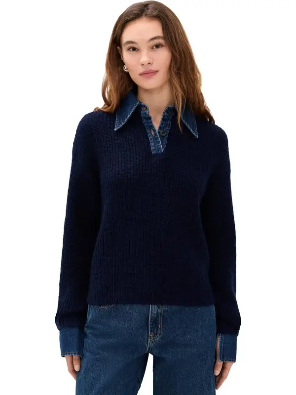 LE JEAN Harvey Denim-trimmed Sweater - Navy/denim
