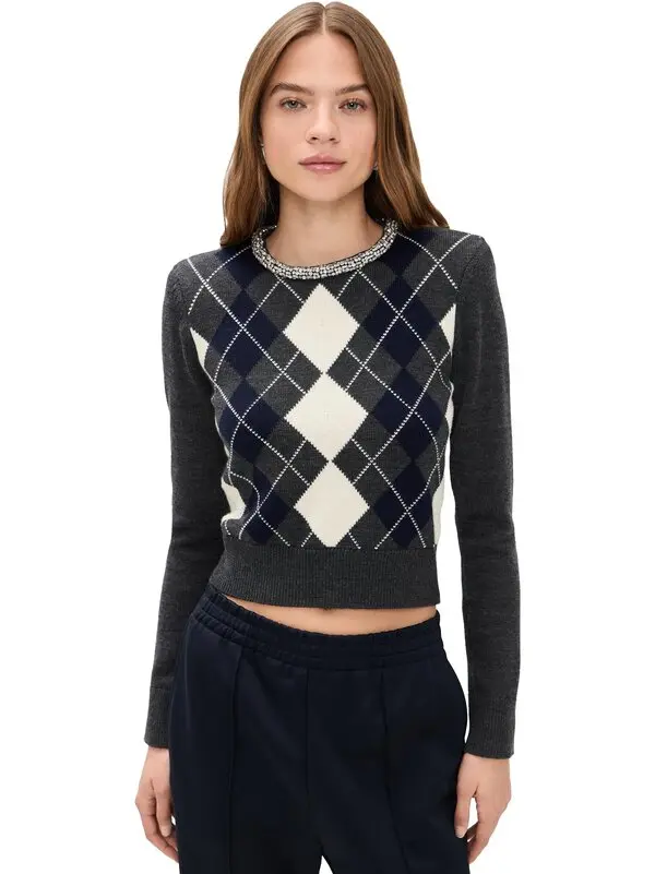 SELF-PORTRAIT Argyle Pattern Sweater With Crystal Embellished Collar - Grey