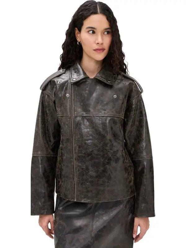 THE GARMENT Margo Leather Biker Jacket - Brown Crunch Effect