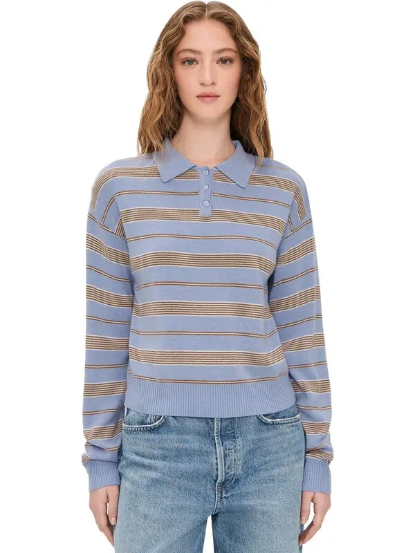 WAYF Striped Knit Polo Sweater - Blue Stripe