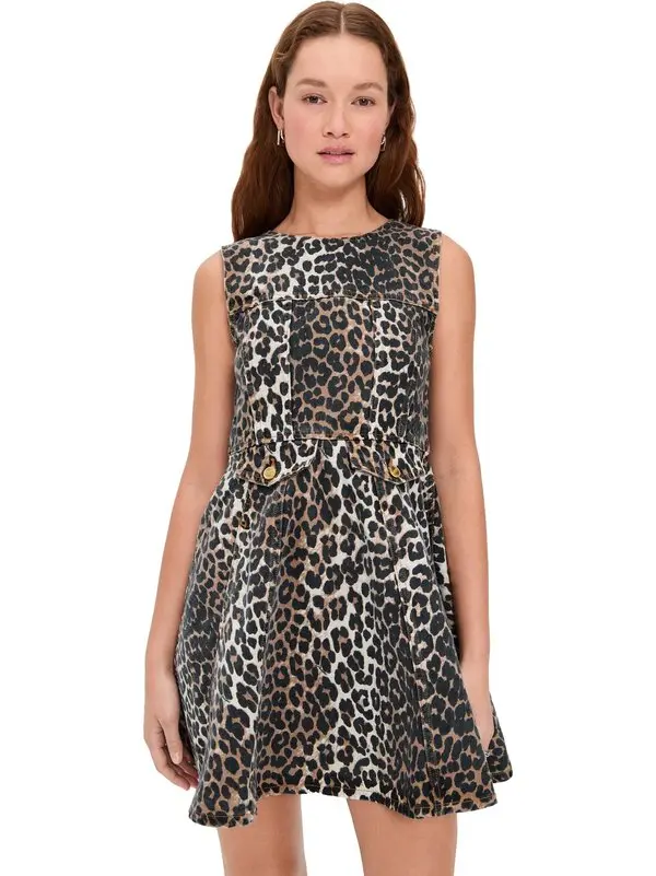 GANNI Leopard Print Denim Mini Dress - Almond Milk