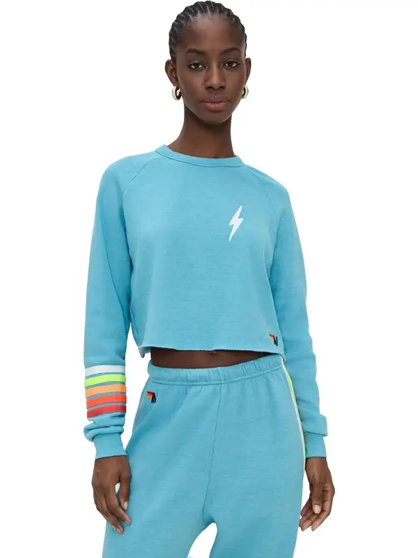 Aviator Nation Bolt Rugby Stitch Cropped Crew Sweatshirt - Aquamarine/white Neon