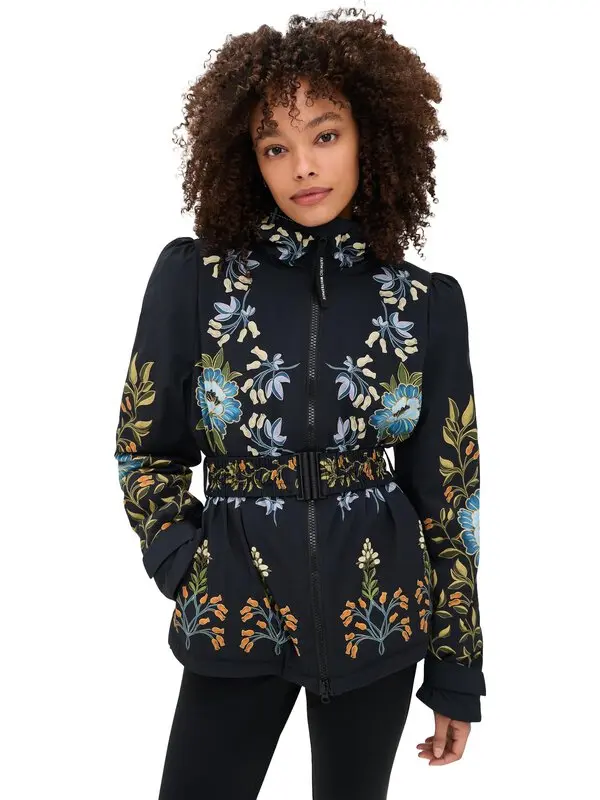 Farm Rio Floral Print Puffer Jacket - Black