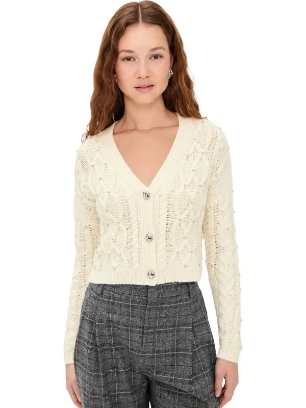 LE BOP Cable Knit Rhinestone Button Cardigan - Ivory