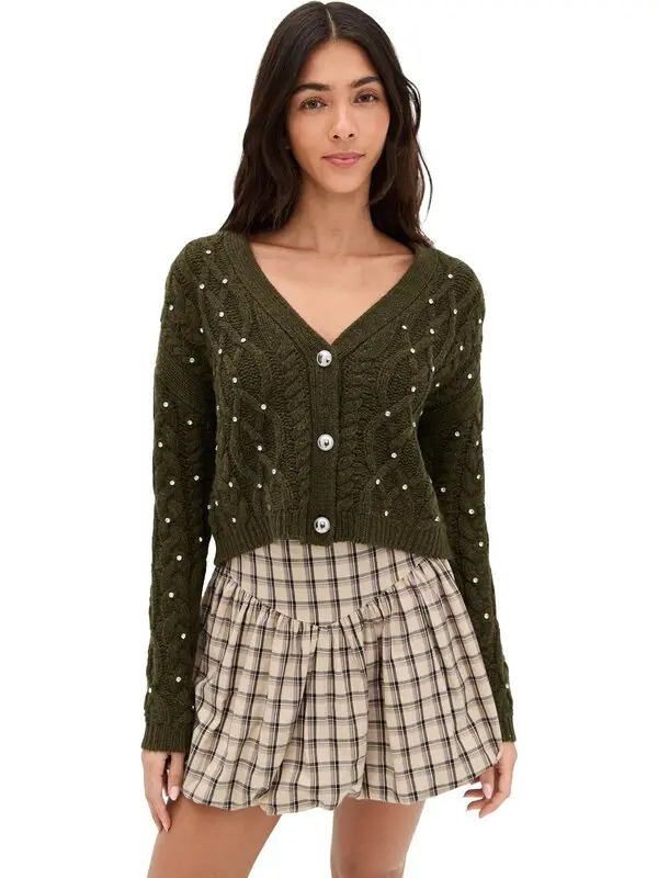 LE BOP Cable Knit Rhinestone Button Cardigan - Pine