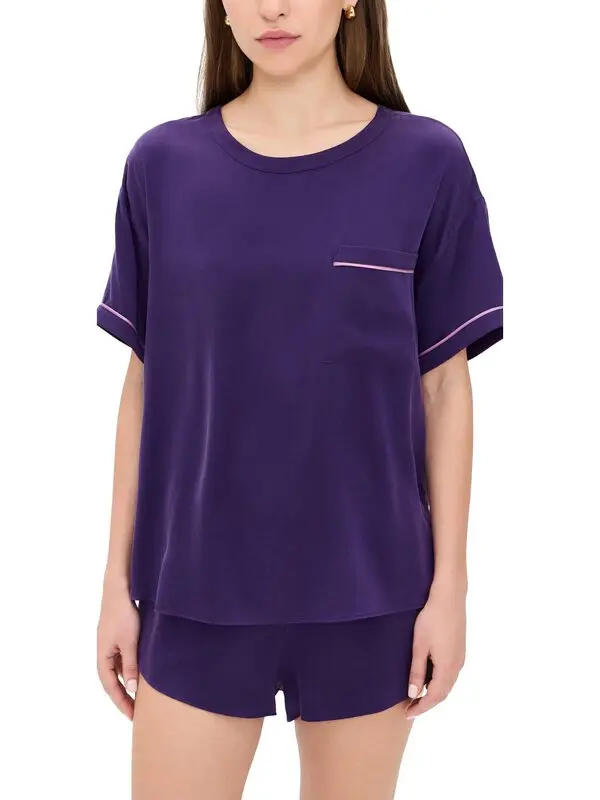 Lunya Washable Silk Piped Tee Shorts Set - Flying Fig/lilac Haze