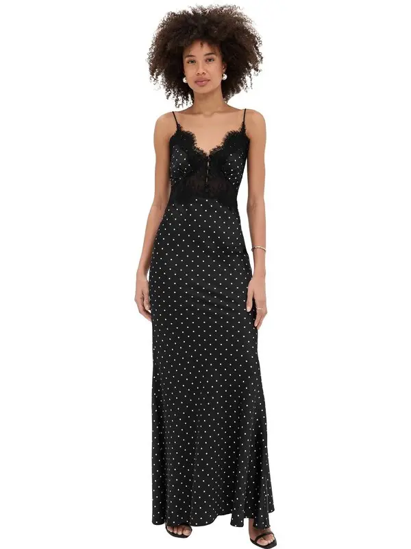 SELF-PORTRAIT Polka Dot Satin Lace Maxi Dress - Black And White
