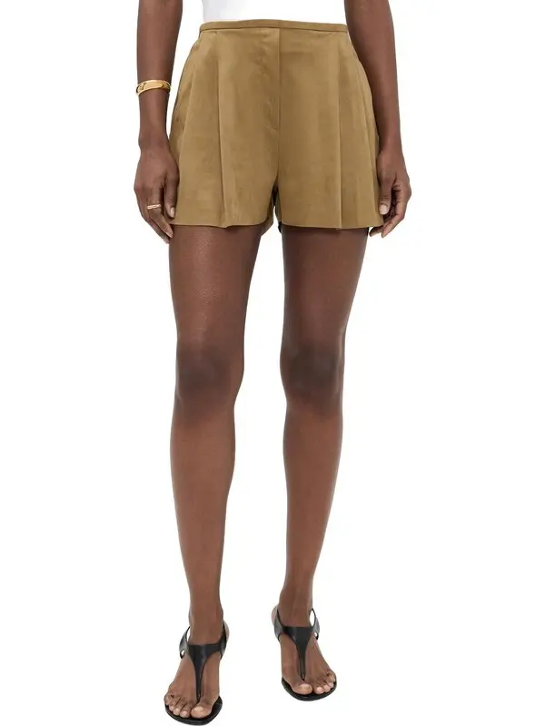 Norma Kamali Faux Suede Pleated Shorts - Camel