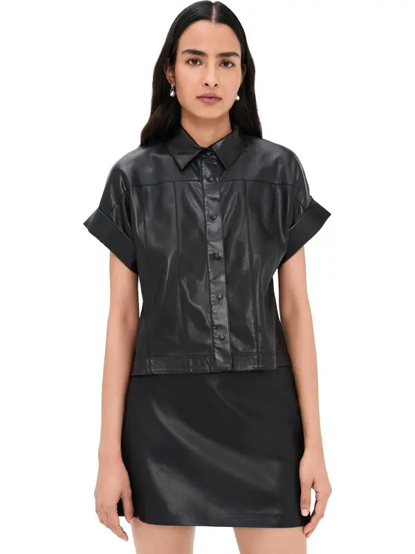 Alice + Olivia Edyth Vegan Leather Button-down Shirt - Black