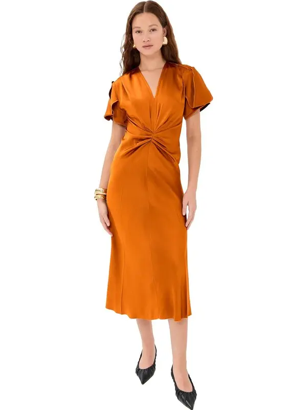 Victoria Beckham Gathered V-neck Midi Dress - Bronze