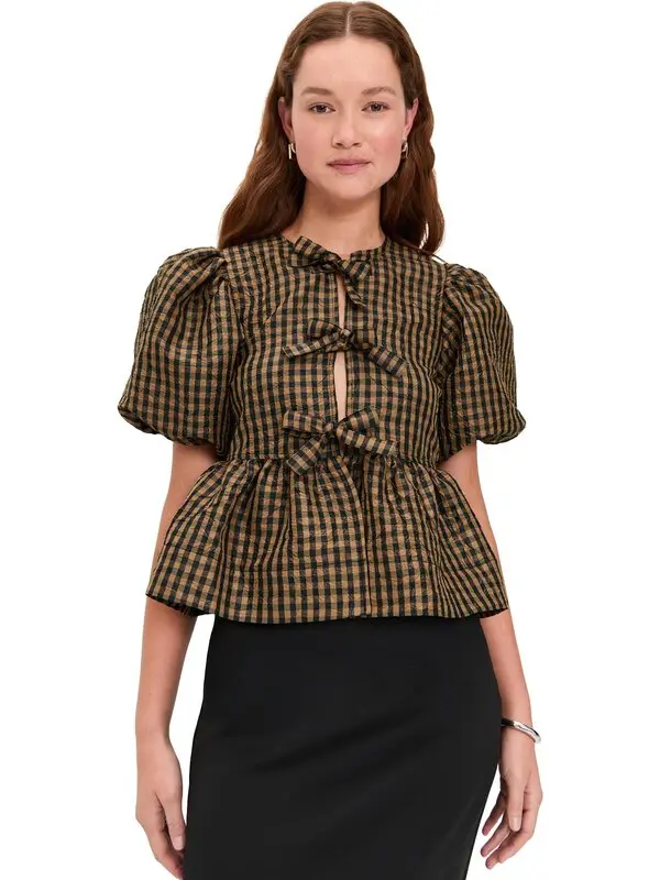 GANNI Crinkled Taffeta Check Peplum Blouse - Tobacco Brown