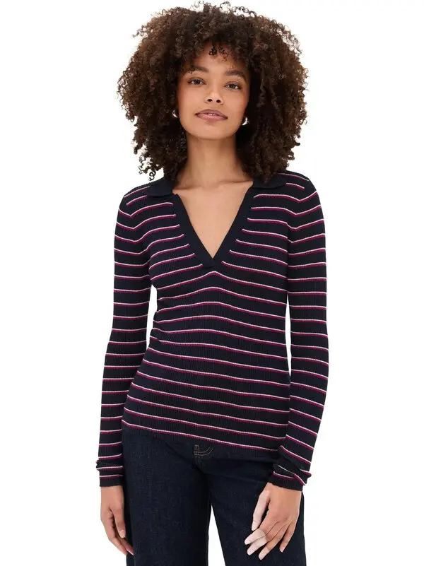 Madewell Merino Silk Johnny Collar Long Sleeve Top - Navy/fuchsia/ivory Stripe