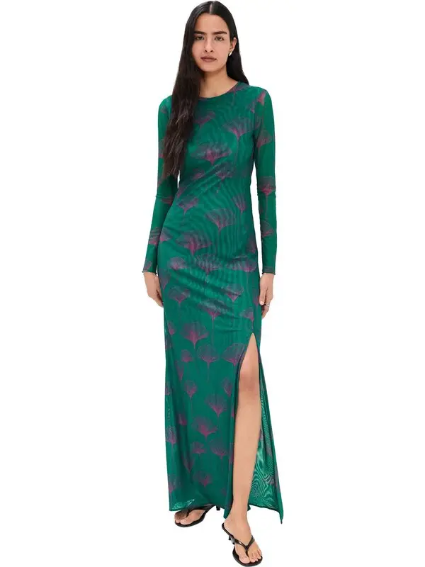Eywasouls Malibu Scarlet Leaf Print Maxi Dress - Jade Ginkgo