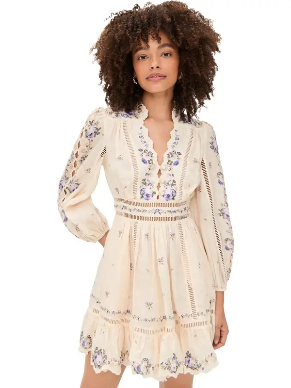 Zimmermann Patience Plunge Mini Dress - Cream/purple Rose