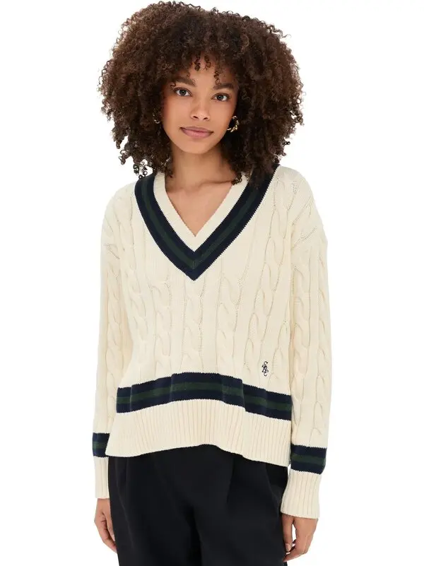 SPORTY & RICH Cable Knit V-neck Pullover - Ecru/dark Navy/forest
