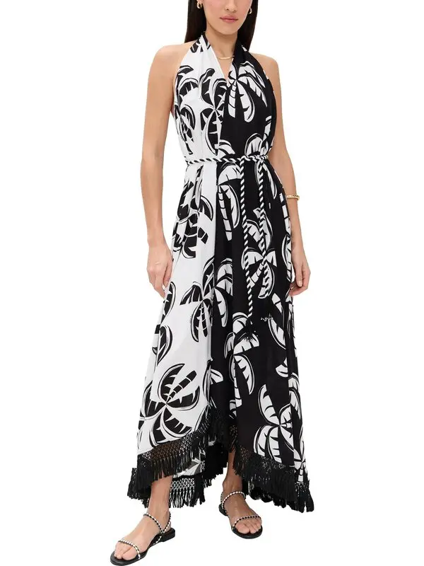 Farm Rio Graphic Palms Maxi Dress With Fringe - Graphic Palms Black