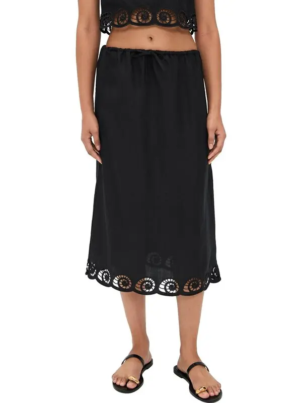 Onia Air Linen Scallop Midi Skirt - Black