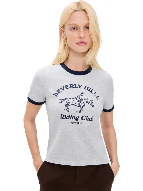 SPORTY & RICH Riding Club Ringer Tee - Heather Grey/dark Navy
