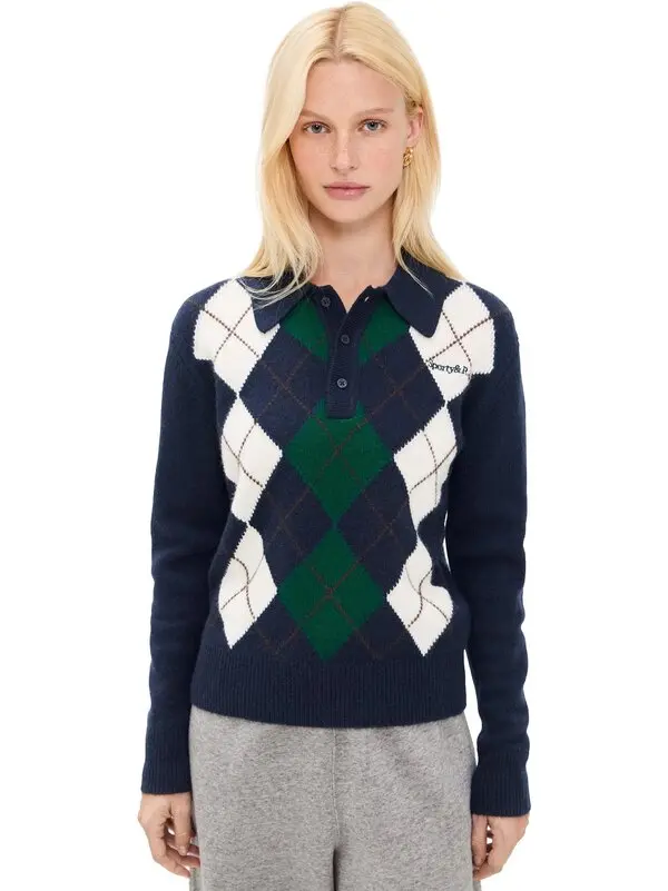 SPORTY & RICH Argyle Cashmere Polo - Dark Navy