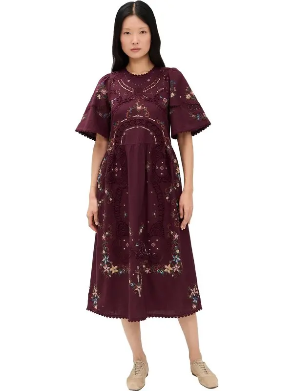 Sea Edwina Embroidered Lace Midi Dress - Burgundy