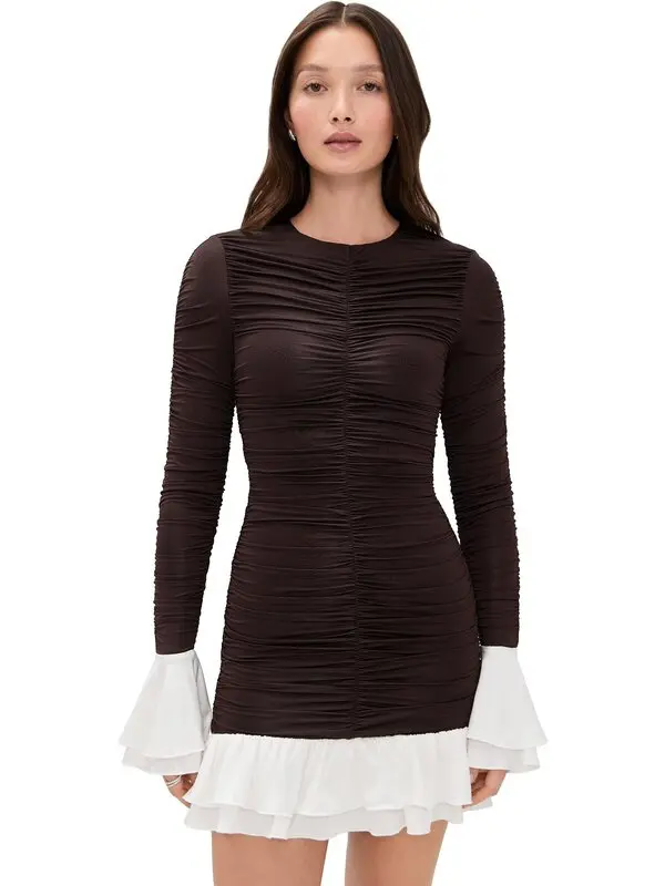 Remain Birger Christensen Mini Ruched Long-sleeve Dress - Chicory Coffee Comb
