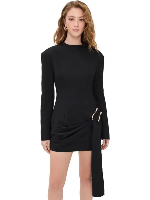 Lioness Long-sleeve Mini Dress With Gold-tone Buckle - Onyx