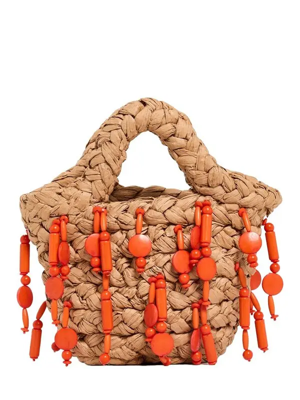 SIMONMILLER Mini Beaded Raffia Tote - Natural/orange