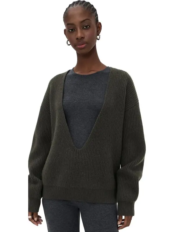 Pixie Market Deep V-neck Wool Sweater - Dark Grey