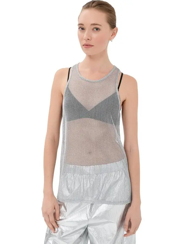 Tibi Viscose Metallic Ribbed Tank - Silver