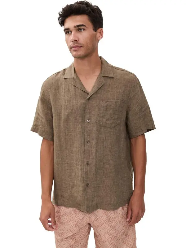 Frescobol Carioca Angelo Linen Short Sleeve Shirt - Khaki