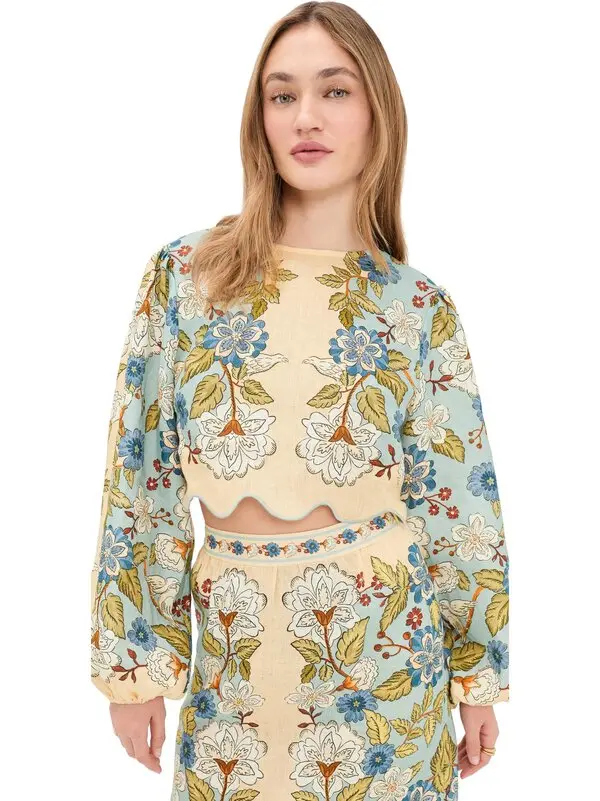 Farm Rio Long Sleeve Floral Print Blouse - Garden Scarf Blue