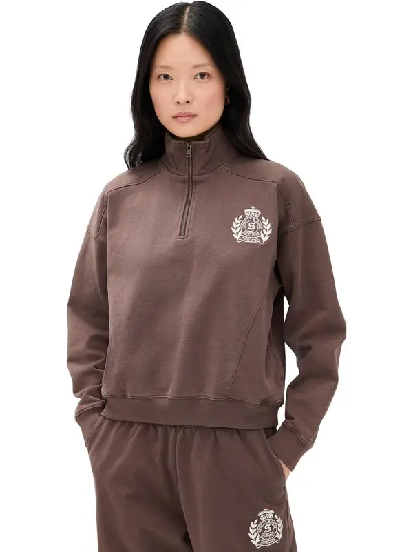 SPORTY & RICH Embroidered Quarter Zip Sweatshirt - Chocolate