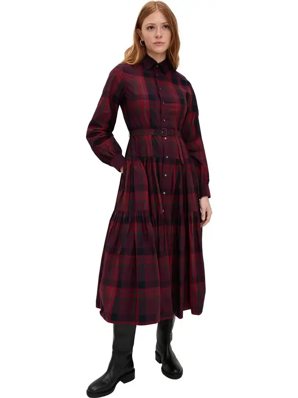 Polo Ralph Lauren Collared Long Sleeve Midi Dress - Red Plaid