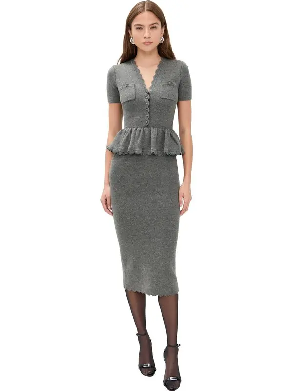 SELF-PORTRAIT Peplum Knit Midi Dress - Grey